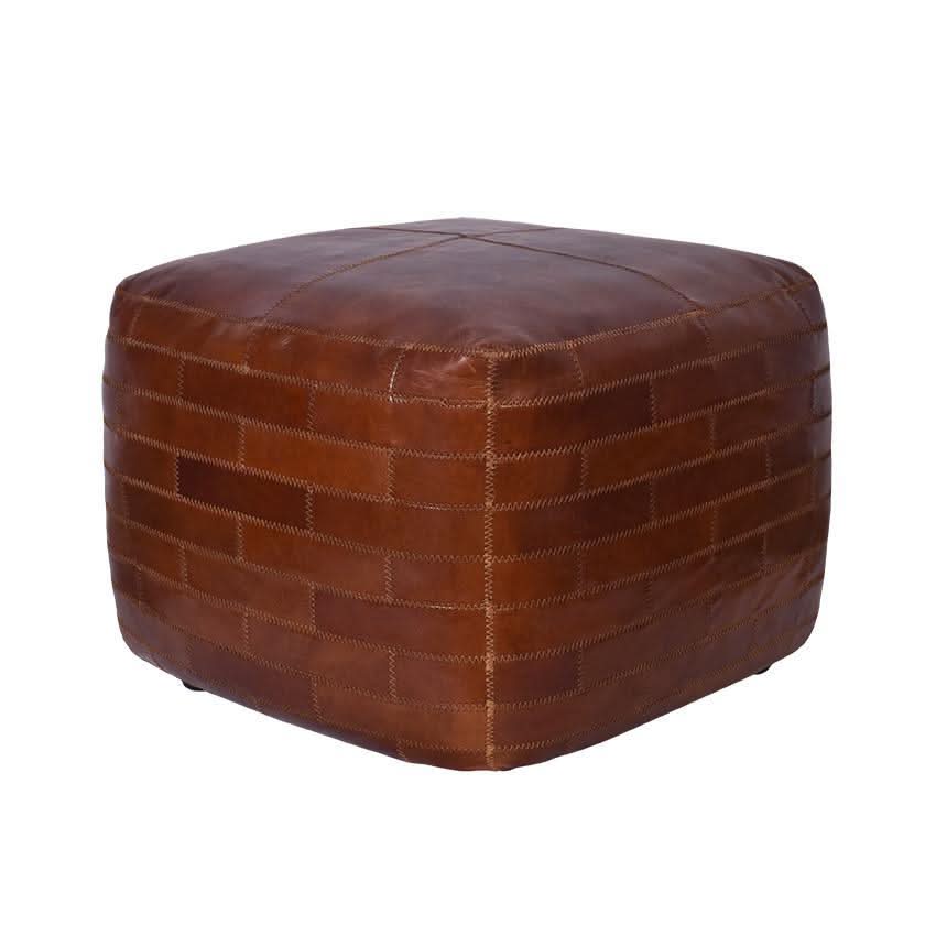 RONNIE SQUARE OTTOMAN IN AGED LEATHER WITH EMBROIDERED BRICK MOTIF ...